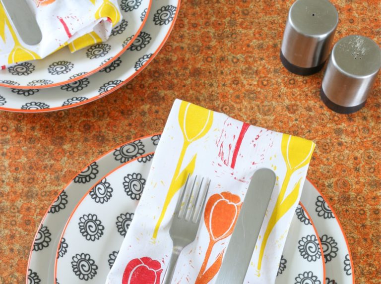 How to lino-print fabric + my upcycled napkin project is in Reloved ...
