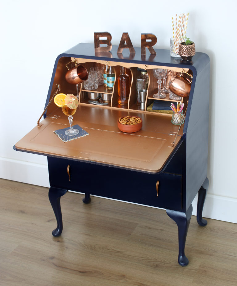 Upcycling a writing bureau into a cocktail cabinet for festive parties ...