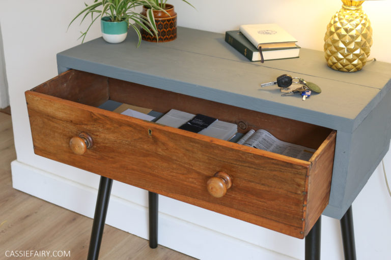 How to turn an old drawer & scaffold boards into a DIY desk or hallway ...