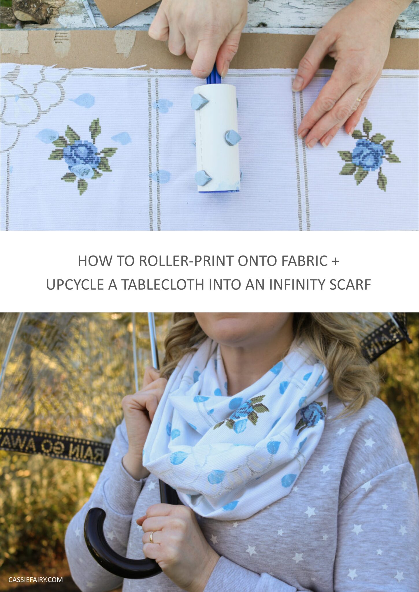 How to custom roller-print fabric + upcycle a tablecloth into an ...
